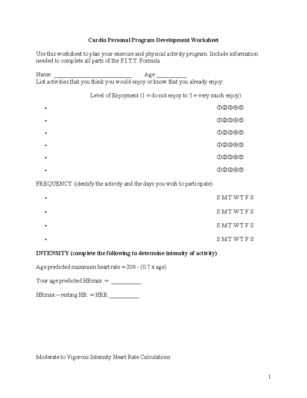 Cardio Personal Program Worksheet - Cardio Personal Program Development ...