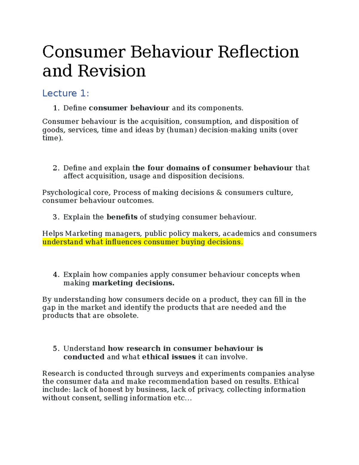 Consumer Behaviour Reflection and Revision - Consumer Behaviour ...