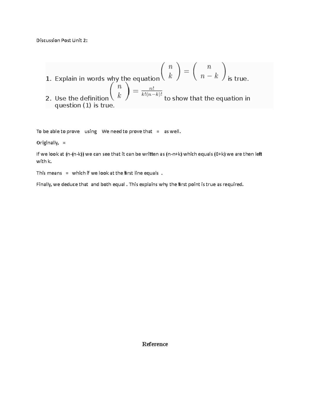 Discussion Post Unit 2 - Explain in words why the equation is true. 2. Use the definition to ...