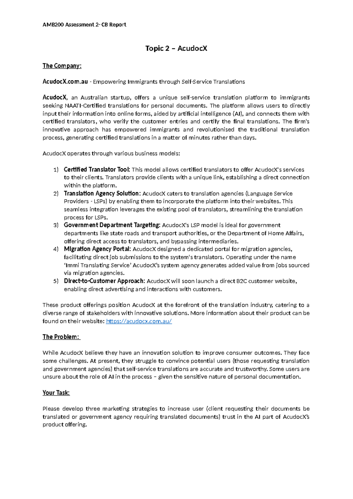 Topic 2 Acudoc X final - AMB200 Assessment 2- CB Report Topic 2 ...