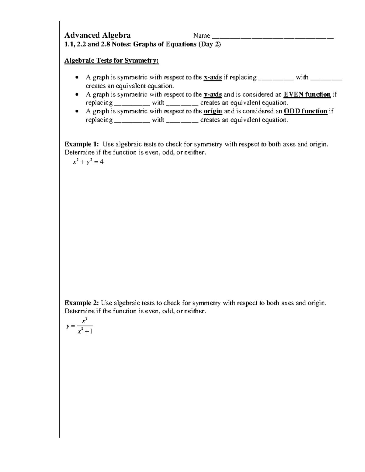 1.1, 2.2 and 2.8 Notes (Day 2) - Advanced Algebra Name