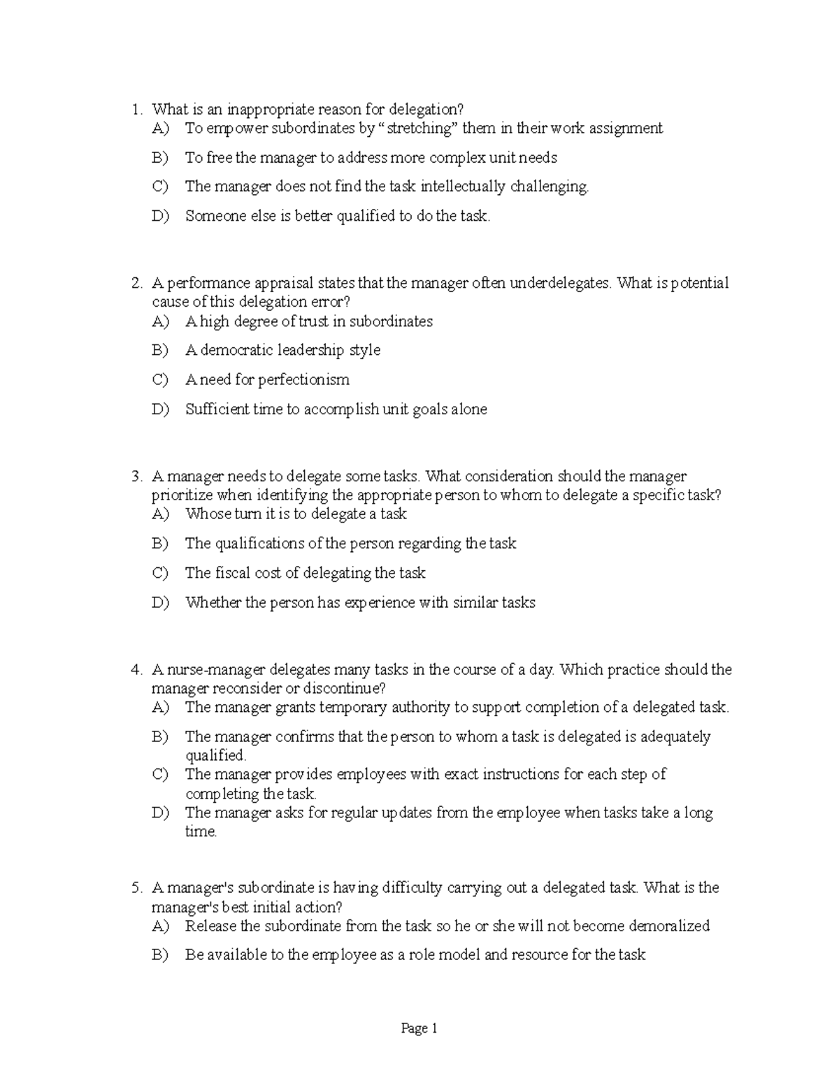 Practice test Nurse Leadership - What is an inappropriate reason for ...