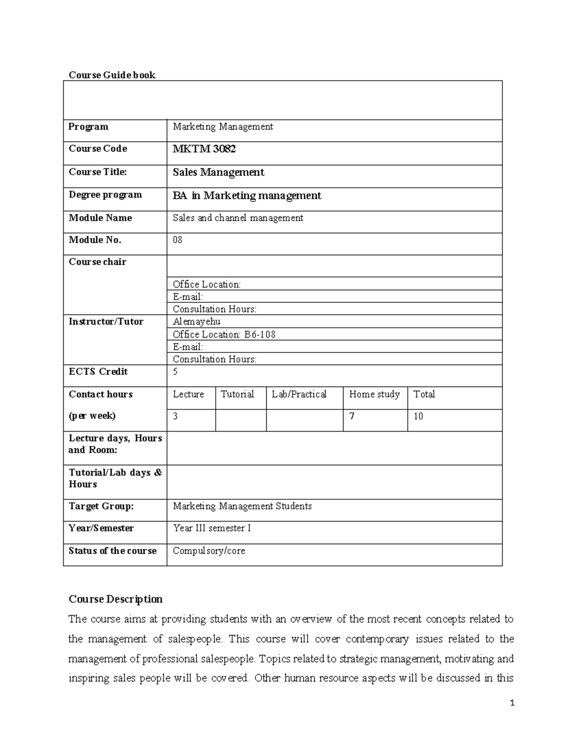 Sales management c.outline -1 - Course Guide book Program Marketing ...