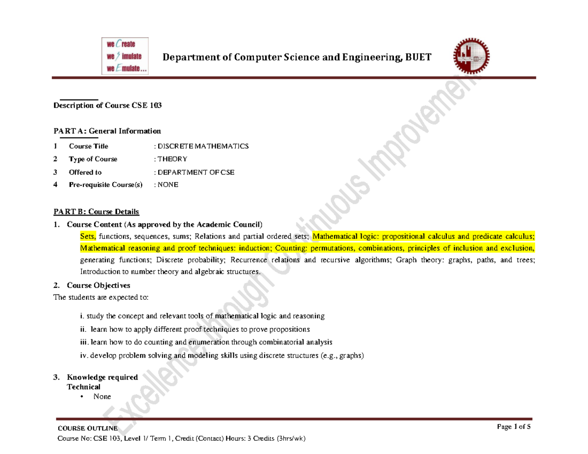 CSE-103-Revised - COURSE OUTLINE Page 1 of 5 Description of Course CSE 103 PART A: General - Studocu