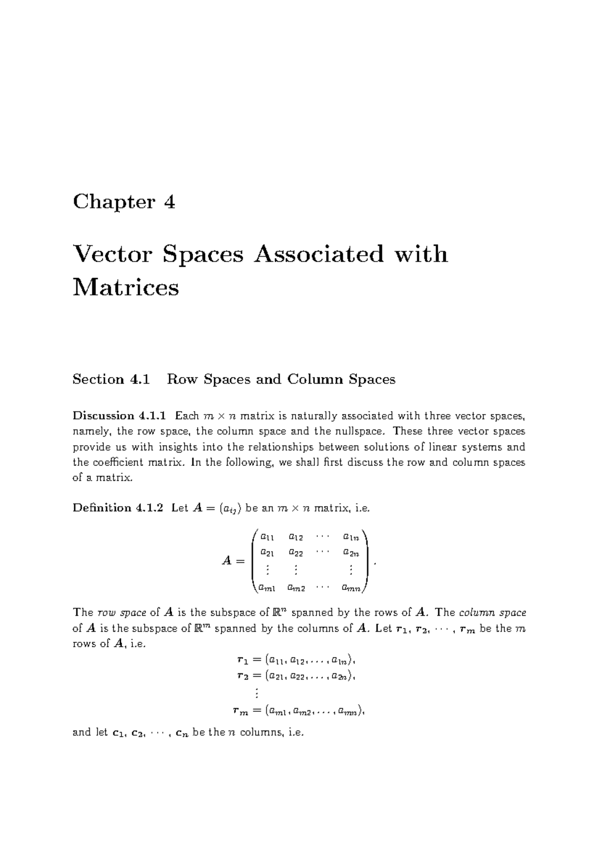 Chapter 4 Lecture Notes Chapter 4 Vector Spaces Associated With Matrices Section 4 Row