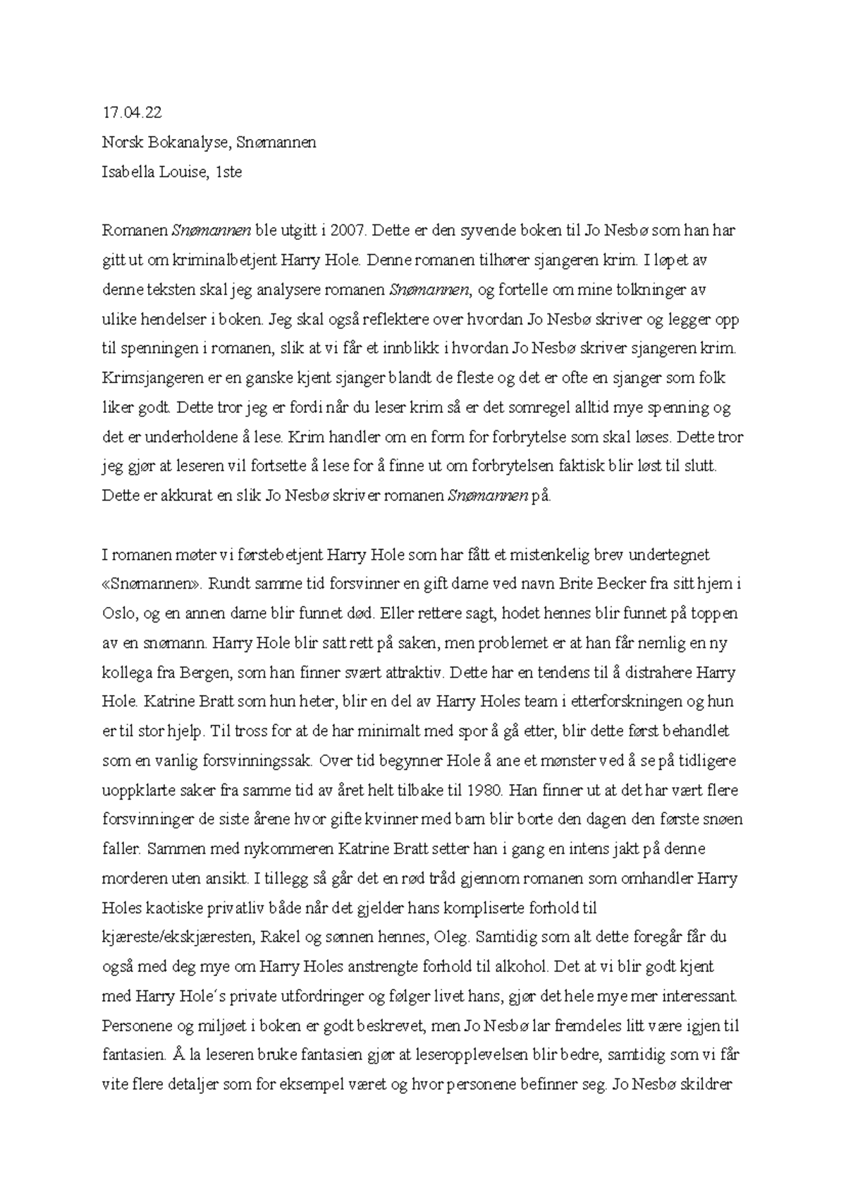 Snømannen - 2 - Norsk - 17. Norsk Bokanalyse, Snømannen Isabella Louise, 1ste Romanen Snømannen ...