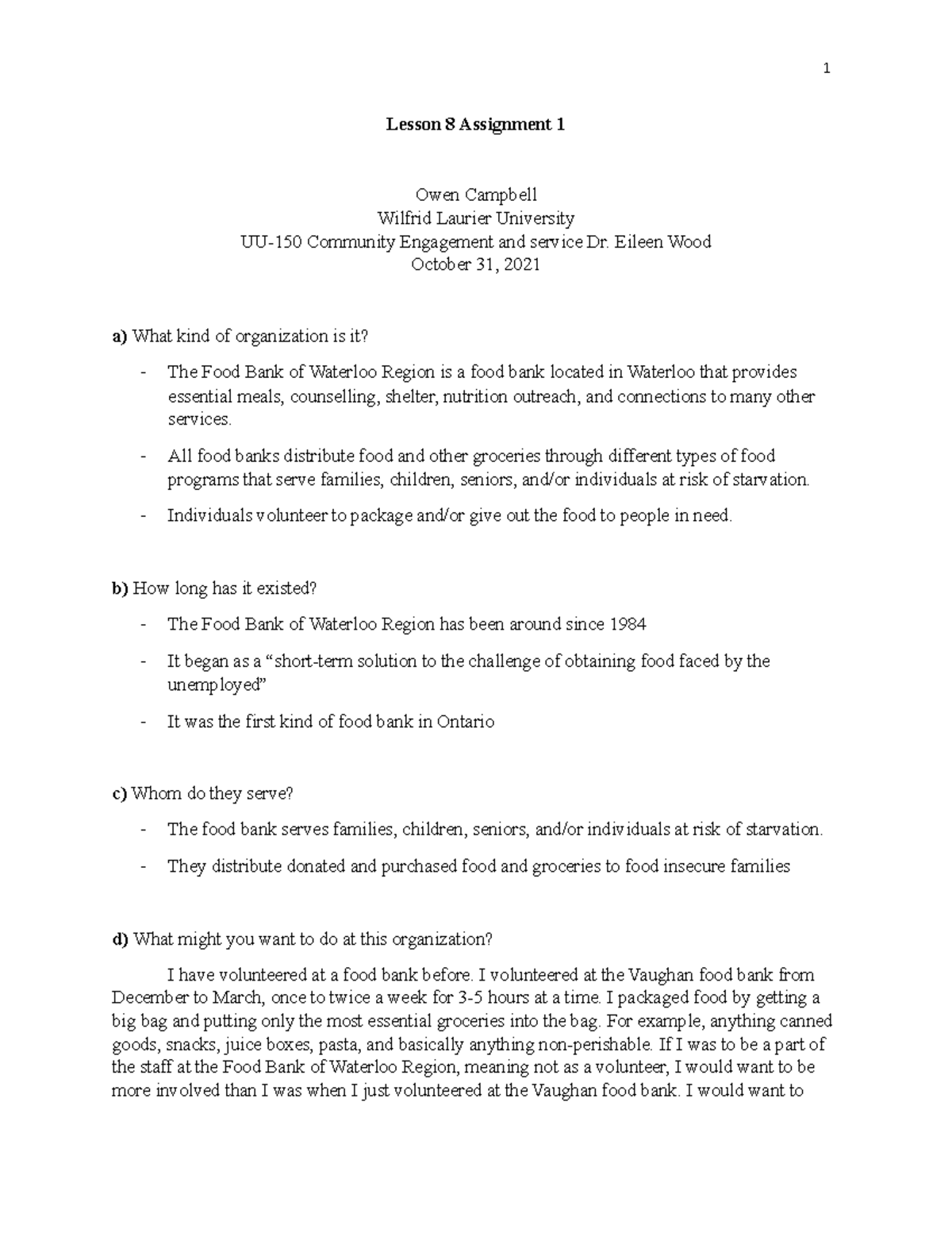 Lesson 8 Assignment 1 - 1 Lesson 8 Assignment 1 Owen Campbell Wilfrid ...