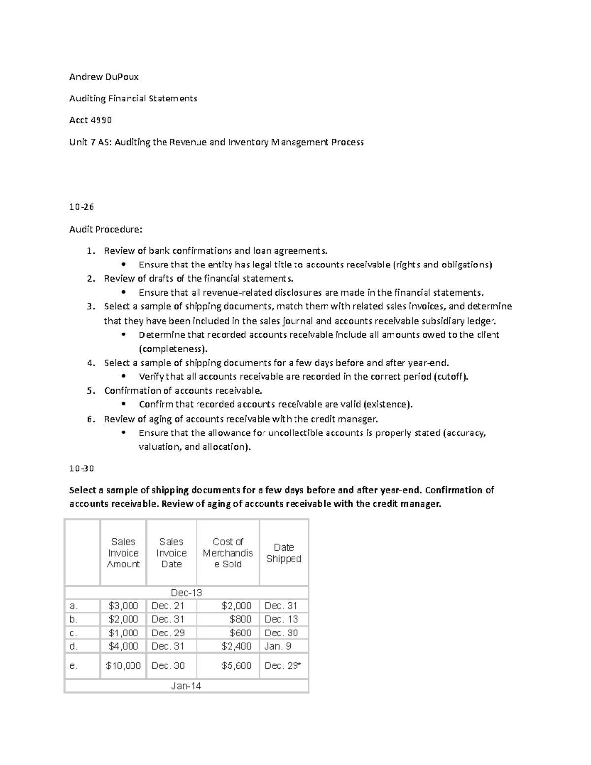 Auditing ACCT4990 AS7 - Andrew DuPoux Auditing Financial Statements ...
