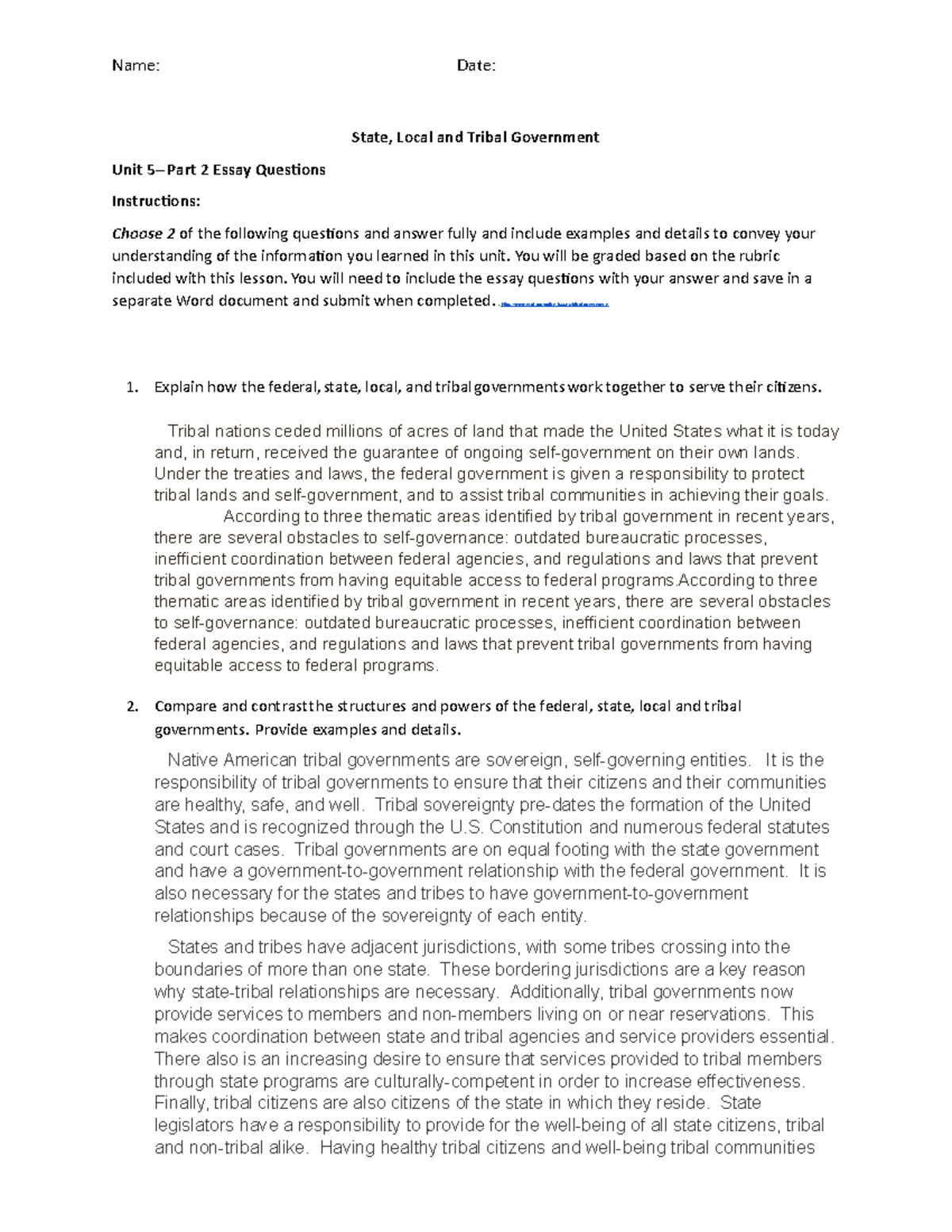 State, Local and Tribal Govenment - Name: Date: State, Local and Tribal ...