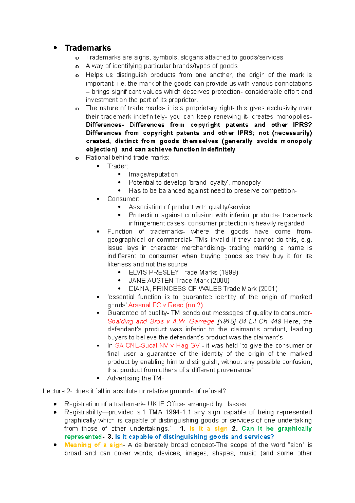 Trademarks - Notes on Trademark - Trademarks o Trademarks are signs ...