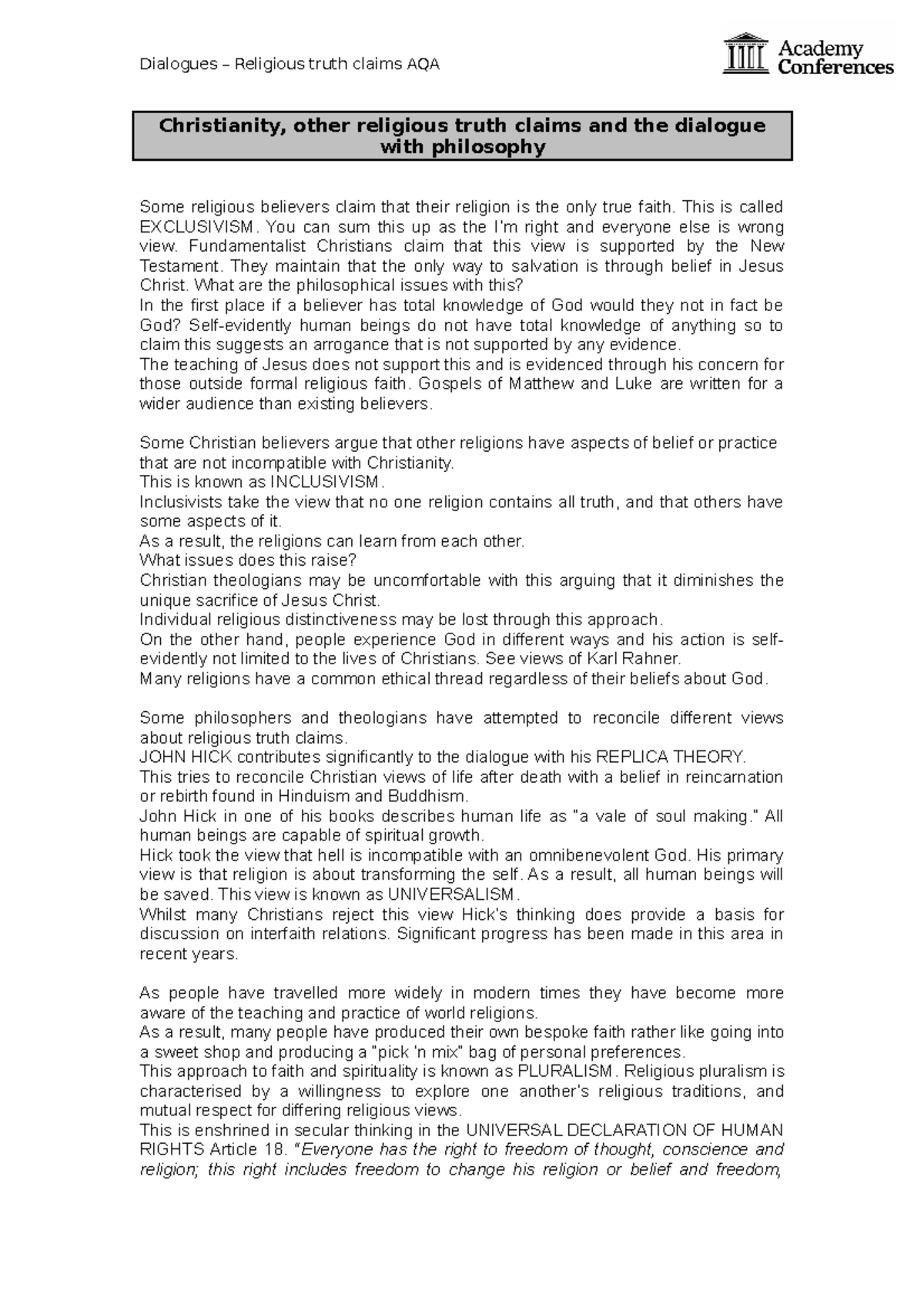 Religious Truth Claims Dialogue Lesson Notes - Dialogues – Religious ...