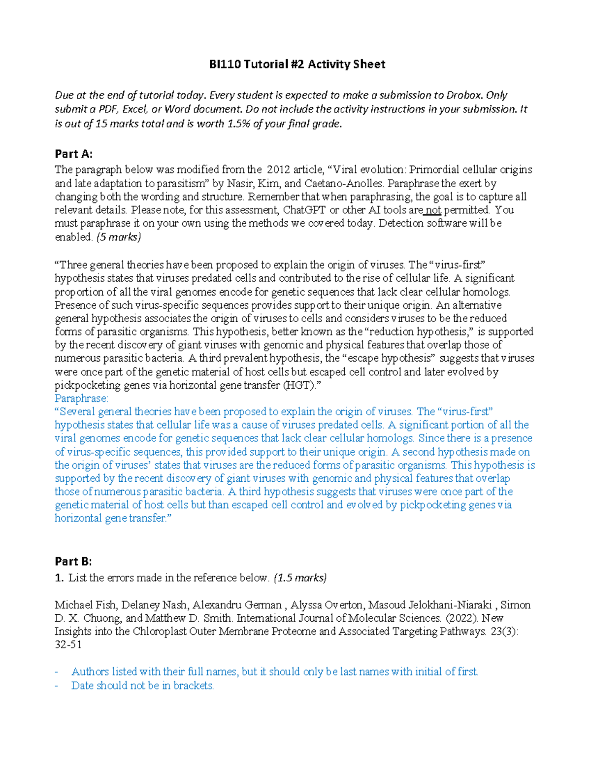 Tutorial 2 Activity Sheet - BI110 Tutorial #2 Activity Sheet Due at the ...