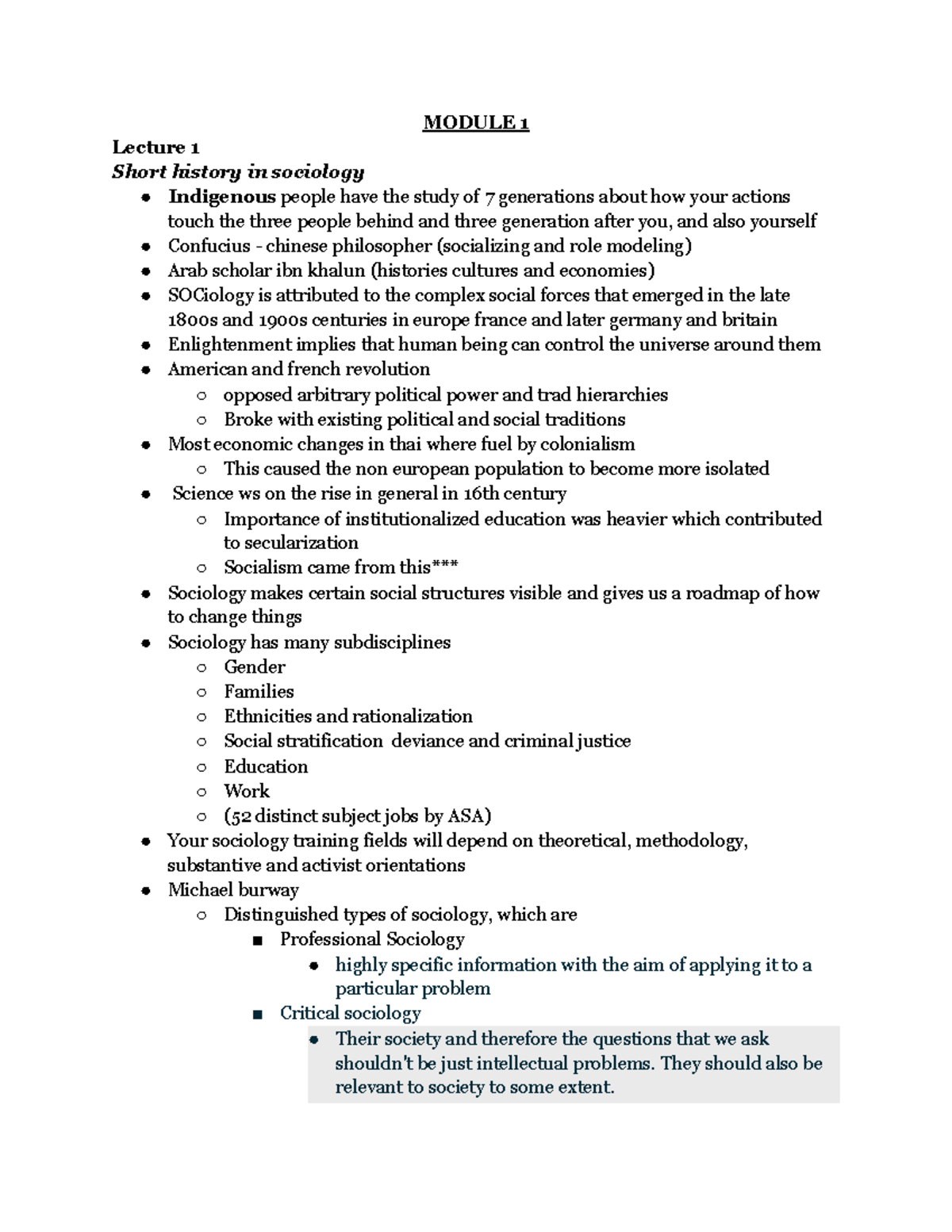 SOCI Notes - yes - MODULE 1 Lecture 1 Short history in sociology ...