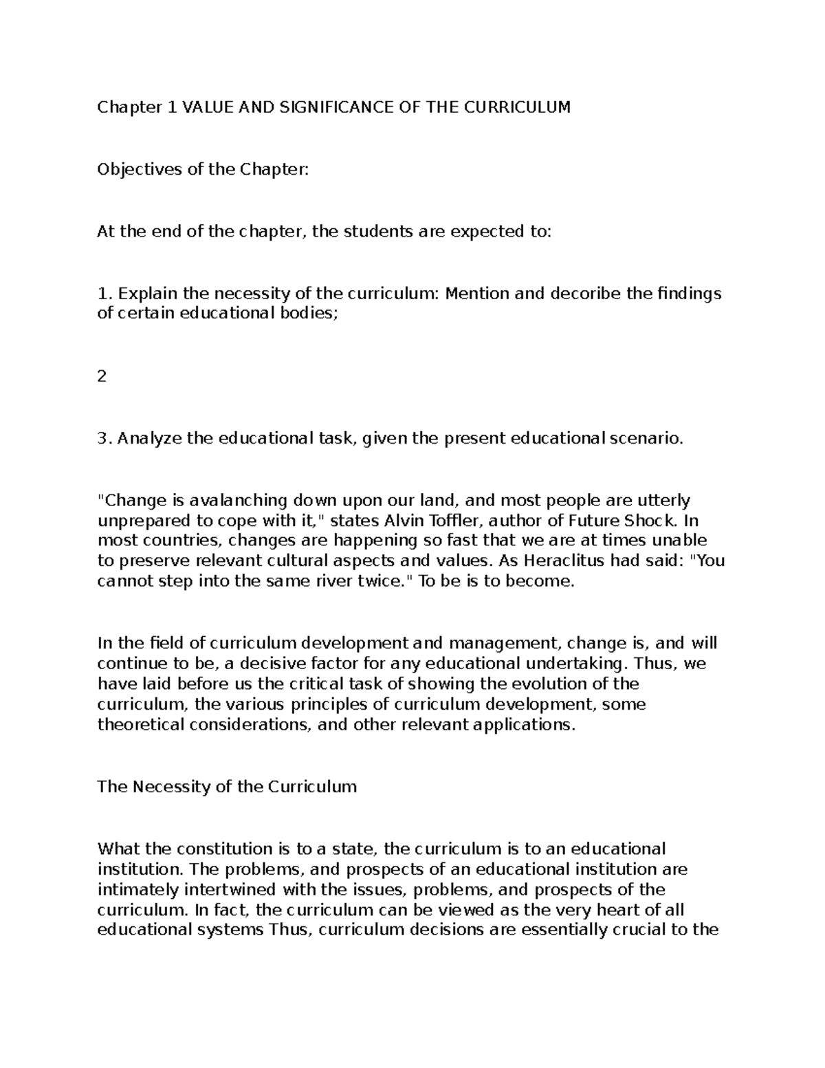 Cur.Dev. Chapter 1 Value and significance of the curriculum - Chapter 1 ...