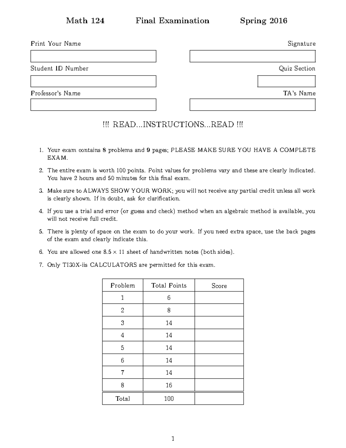 Final practice math 114 - Math 124 Final Examination Spring 2016 Print ...