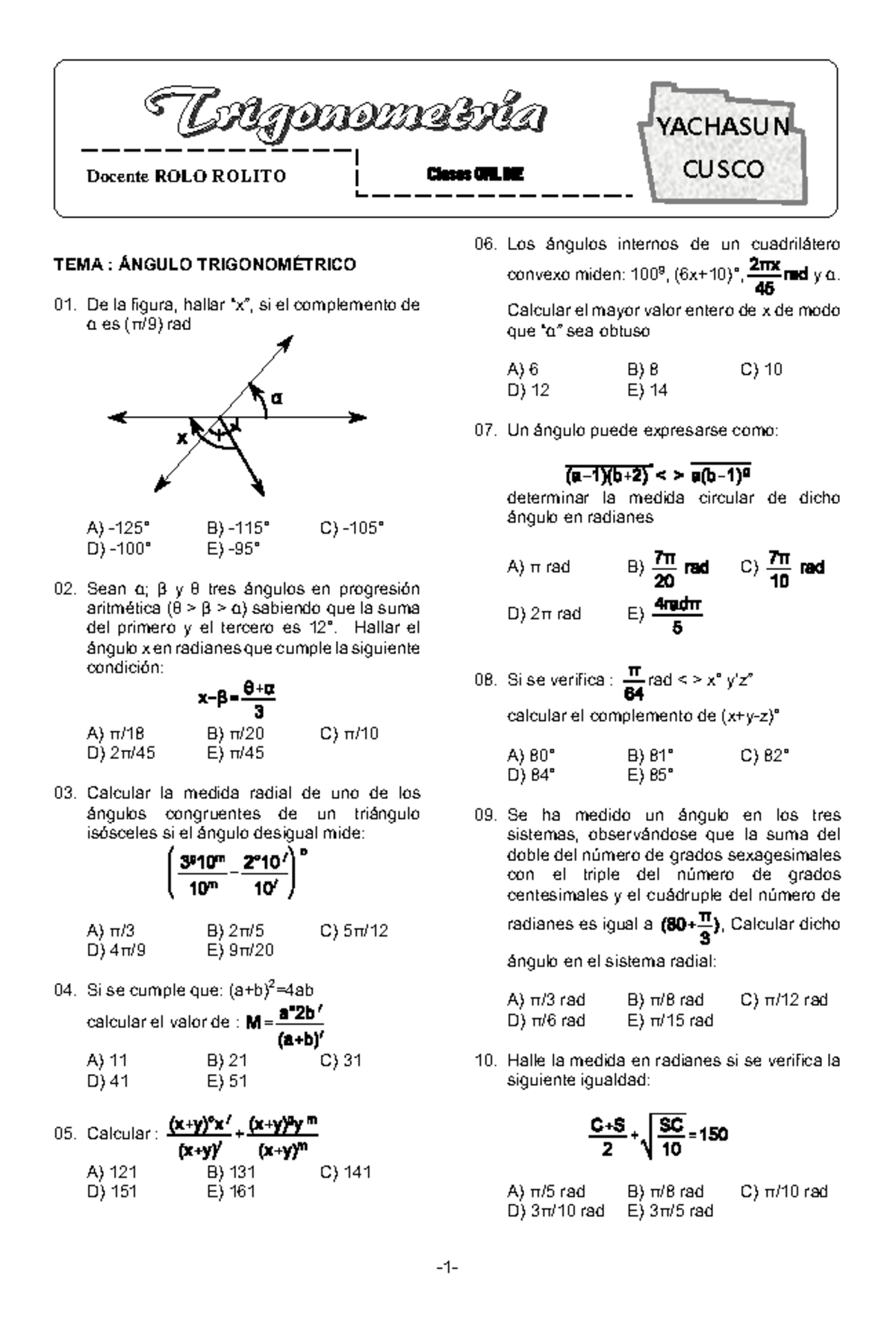 Angulo Trigonometrico - TEMA : ÁNGULO TRIGONOMÉTRICO De la figura ...
