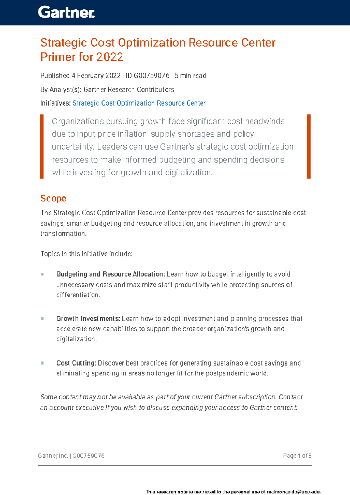 Gartner Strategic Cost Optim 759076 ndx - Gartner, Inc. | G00759076 ...