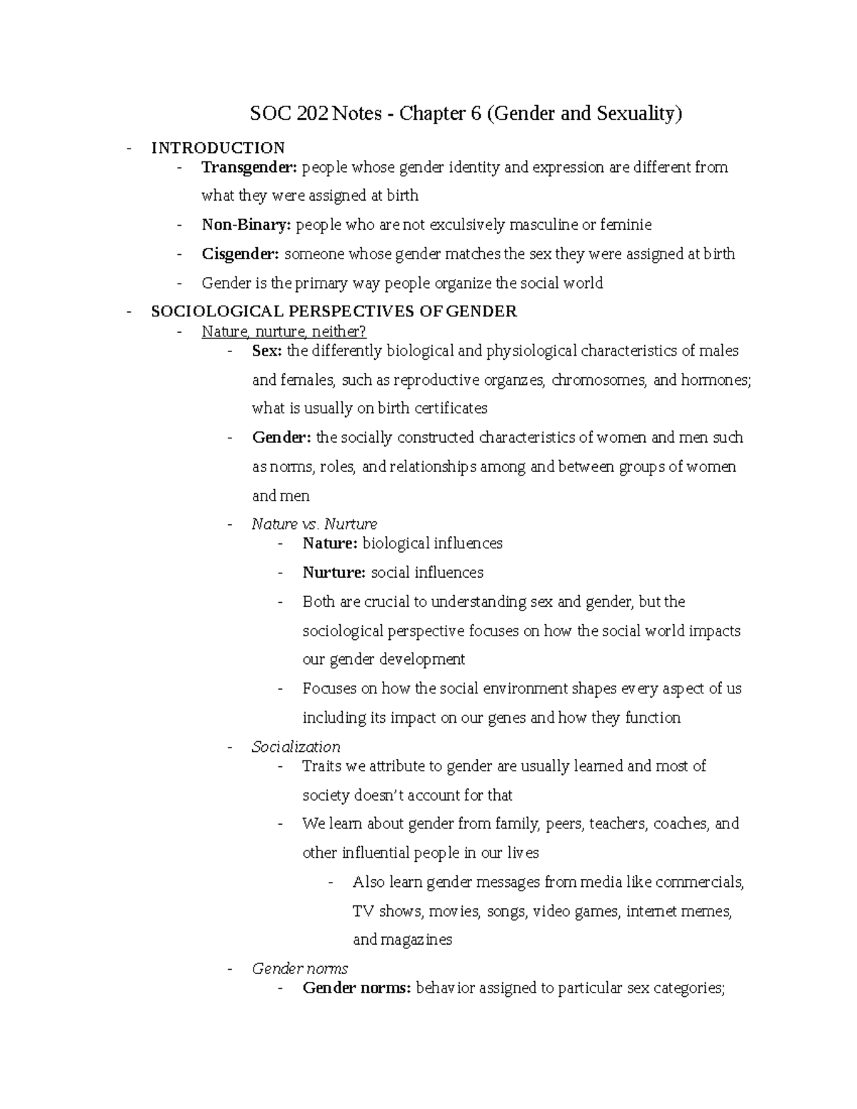 SOC 202 Notes - Chapter 6 (Gender and Sexuality) - SOC 202 Notes ...