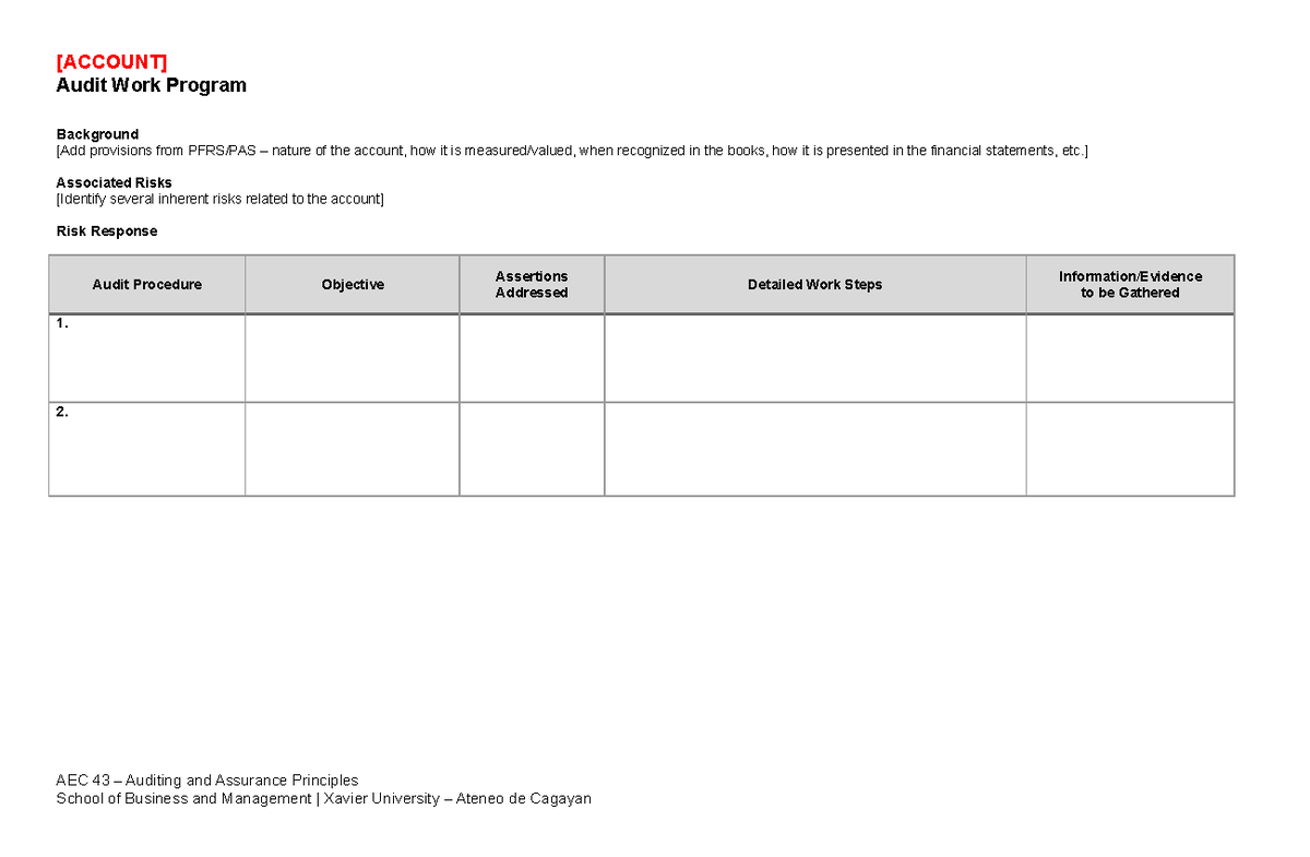AEC 43 Audit Work Program Template - Auditing in CIS Environment ...