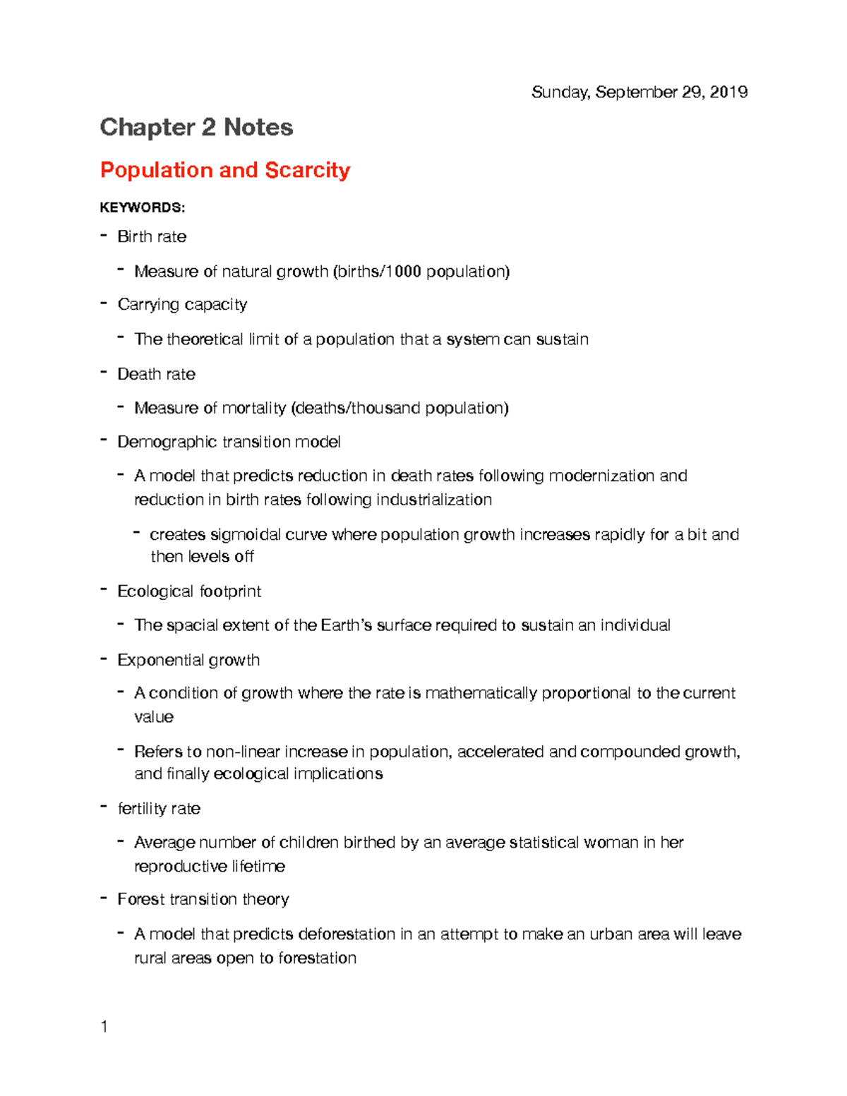Chapter 2 Notes - Chapter 2 Notes Population and Scarcity KEYWORDS ...