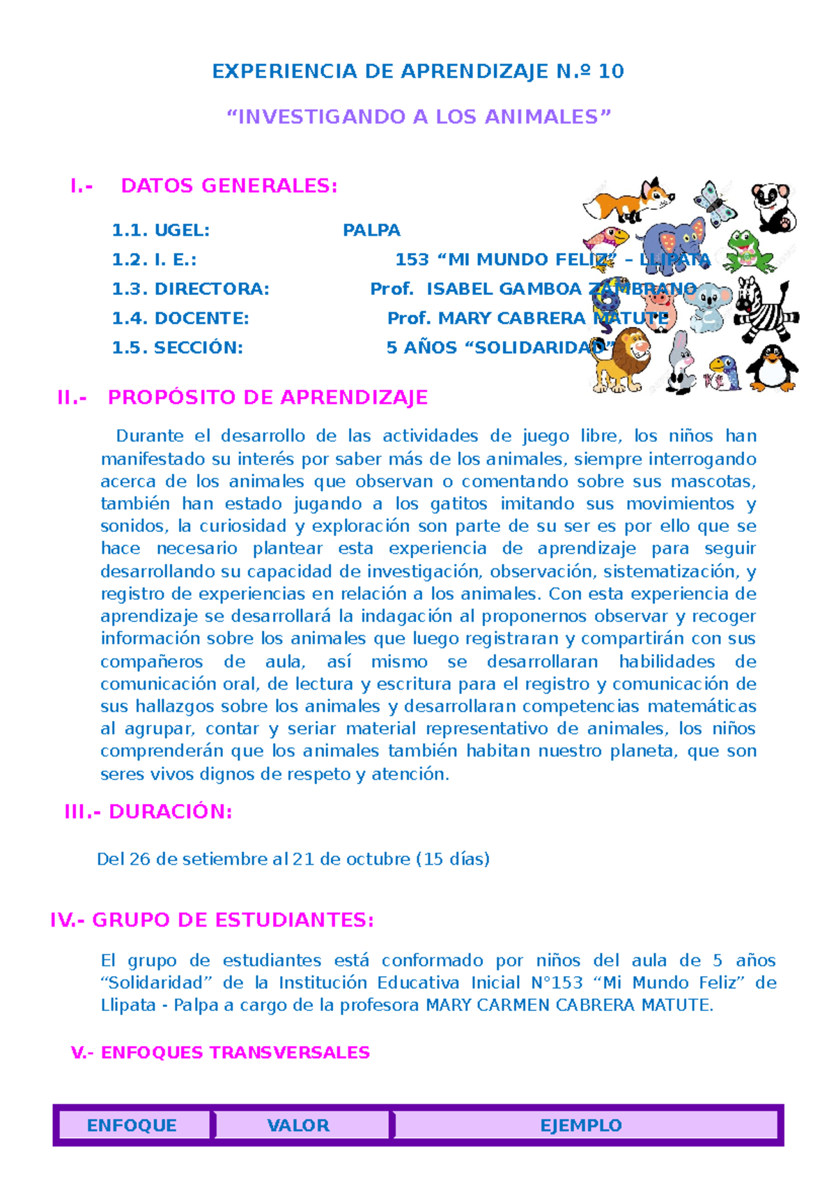 Experiencia DE Aprendizaje N 10 LOS Animales - EXPERIENCIA DE APRENDIZAJE N.º 10 “INVESTIGANDO A ...
