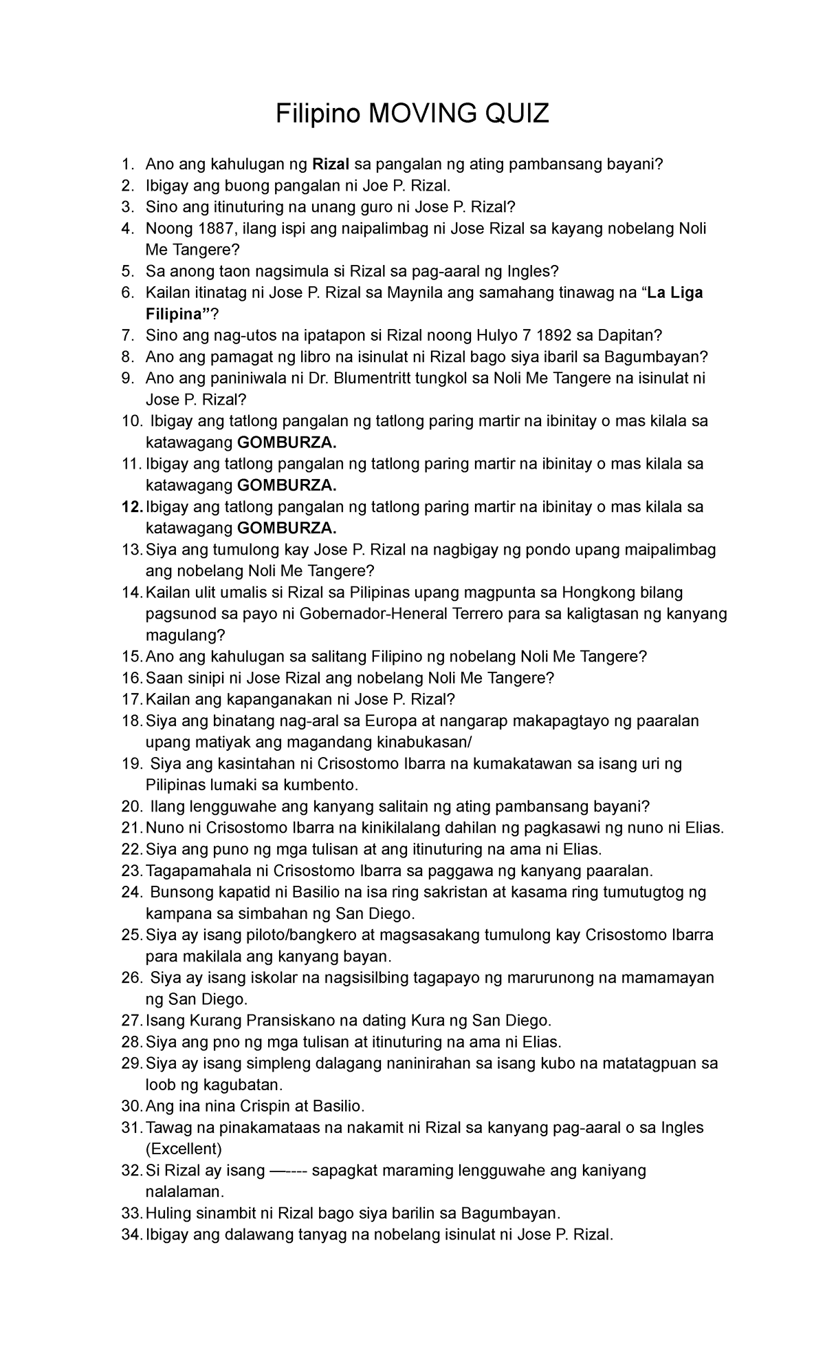 Filipino Moving QUIZ - Filipino MOVING QUIZ Ano ang kahulugan ng Rizal ...
