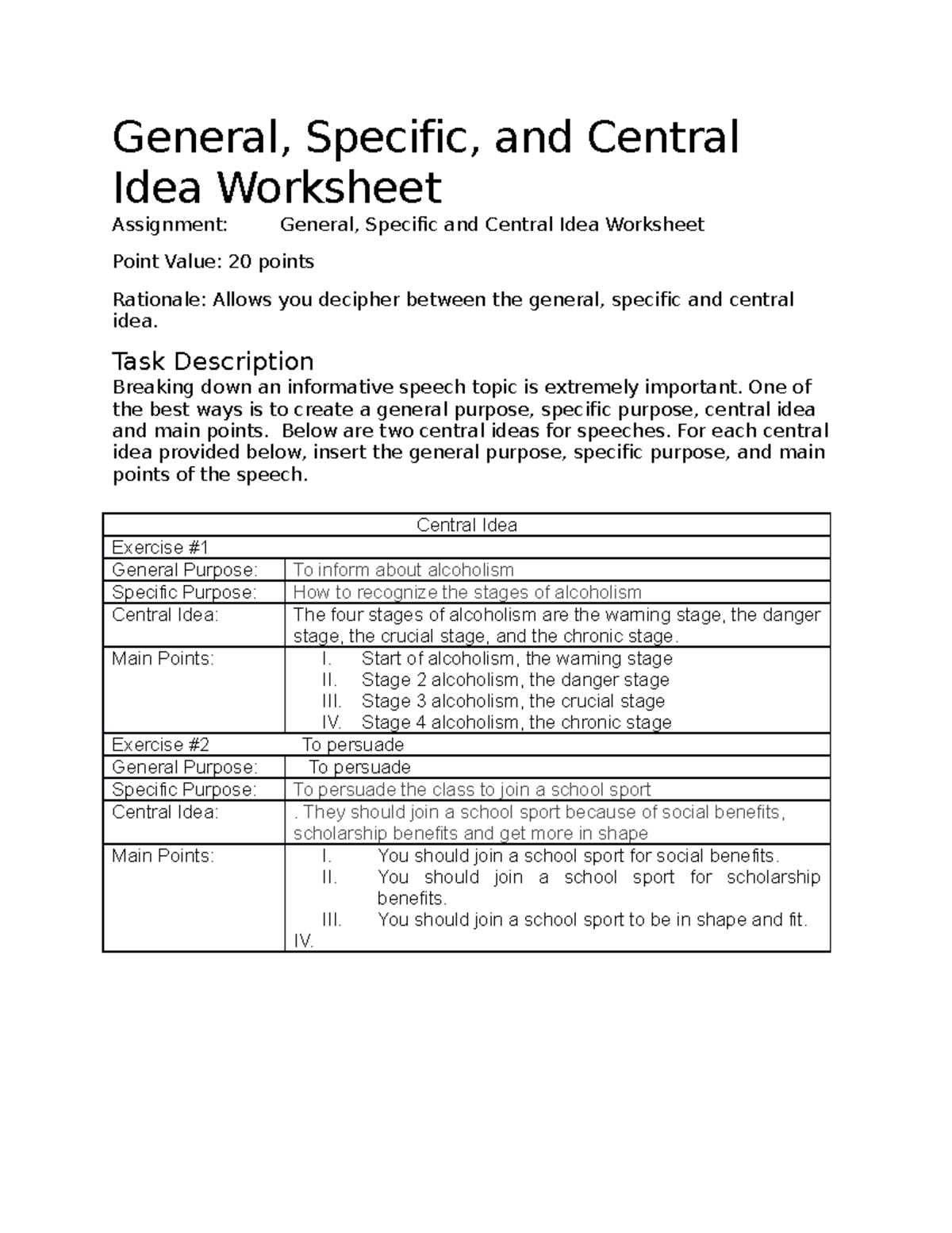 General Specific And Central Idea Worksheet Task Description