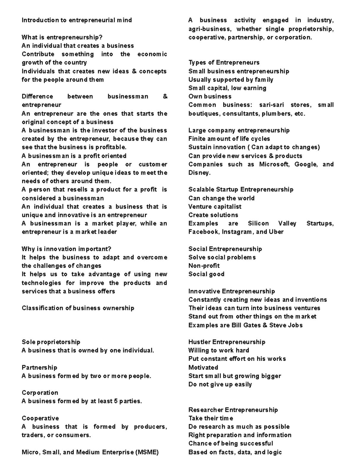 Entrepreneurship - notes - Introduction to entrepreneurial mind What is ...