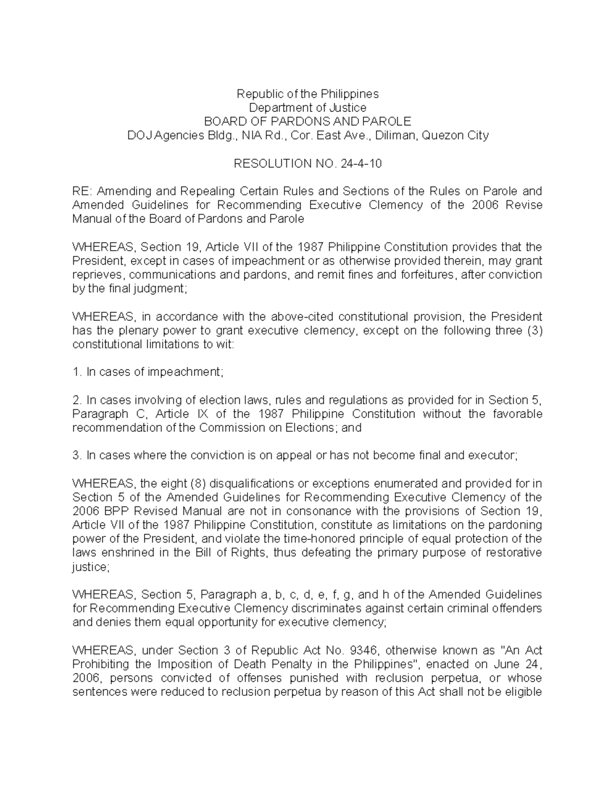 Rules on Parole and Guidelines in Execution Clemency - Republic of the ...