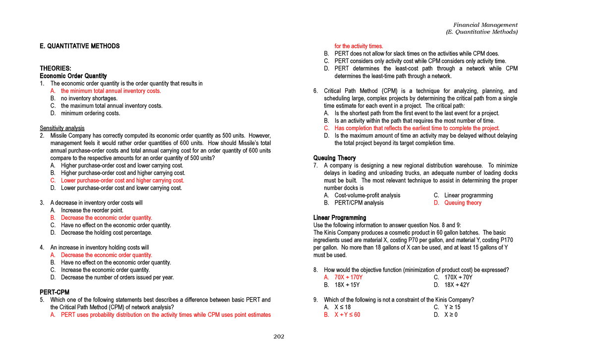 Pdfcoffee - Quiz - (E. Quantitative Methods) E. QUANTITATIVE METHODS ...