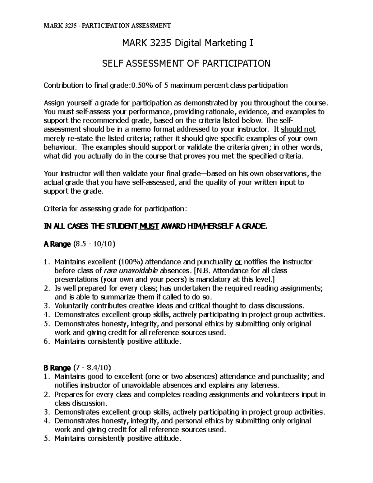 MARK3235-Summer 2023 Self Assessment Class Participation Memo - MARK ...