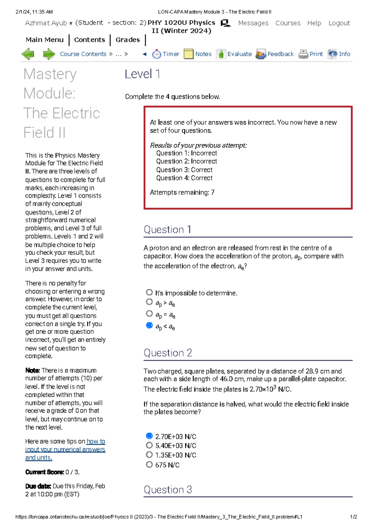 LON-CAPA Mastery Module 3 - The Electric Field II - ontariotechu/res/uoit/joe/Physics II (2023 ...