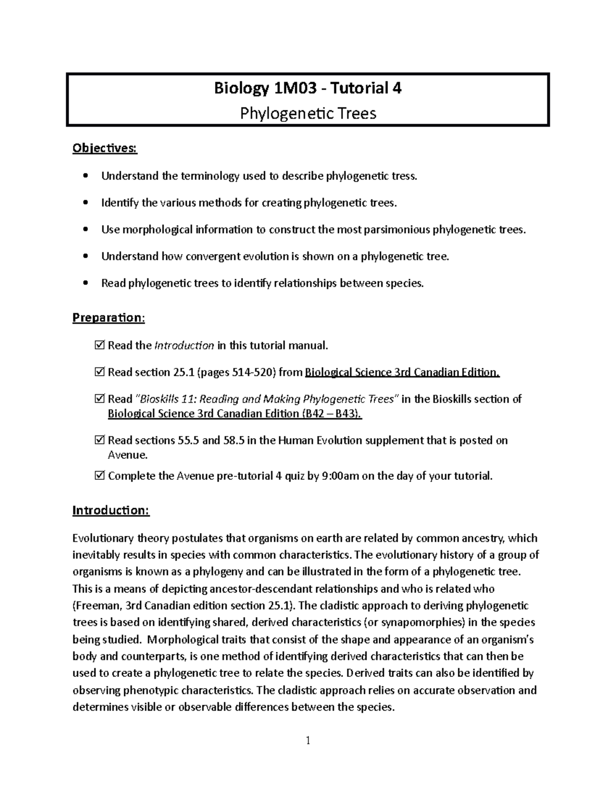 Tutorial 4 Phylogenetic Trees F22 - Biology 1M03 - Tutorial 4 Phylogenetic Trees Objectives ...