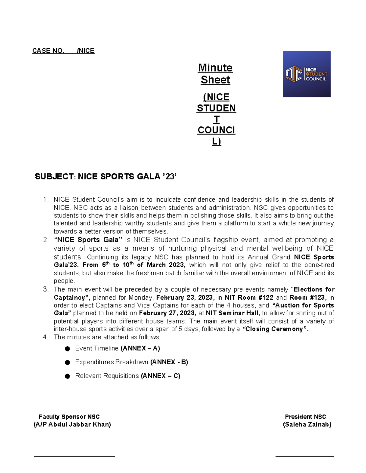 Minute Sheet - Sports Gala (2) - CASE NO. /NICE Minute Sheet (NICE ...