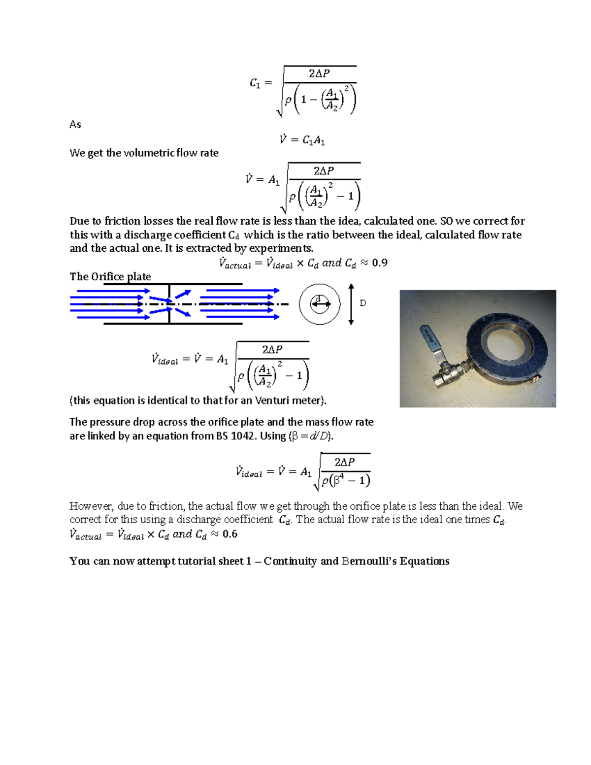 2c Flow measurement Bernoullis-4 - 𝐶𝐶 1 = 2 ∆𝑃𝑃 𝜌𝜌 1 − 𝐴𝐴 1 𝐴𝐴 2 2 As ...