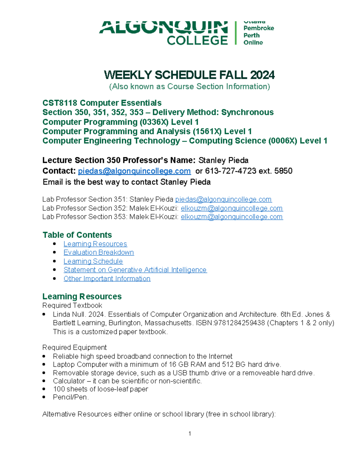CST8118 Weekly Schedule (CSI) Fall 2024 (350) - WEEKLY SCHEDULE FALL 2024 (Also known as Course ...