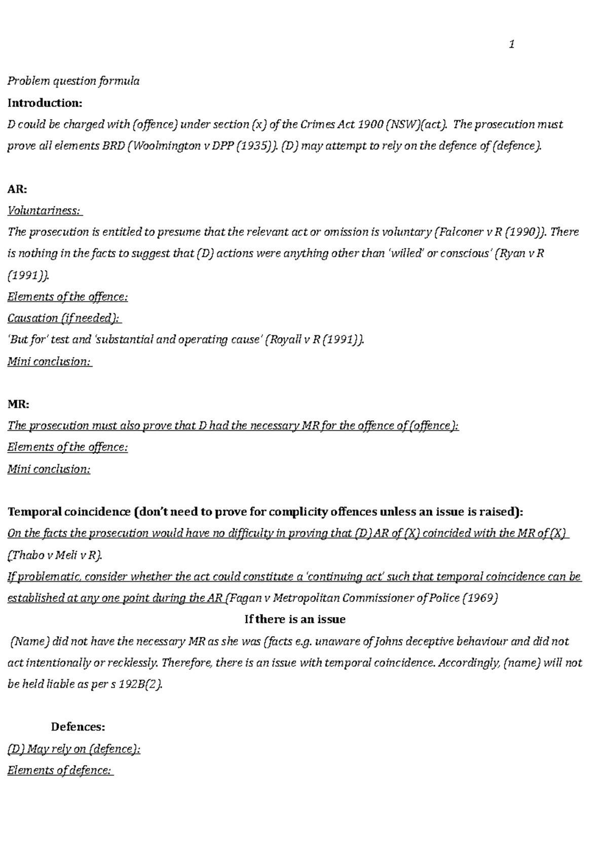Criminal law notes - 1 Problem question formula Introduction: D could ...