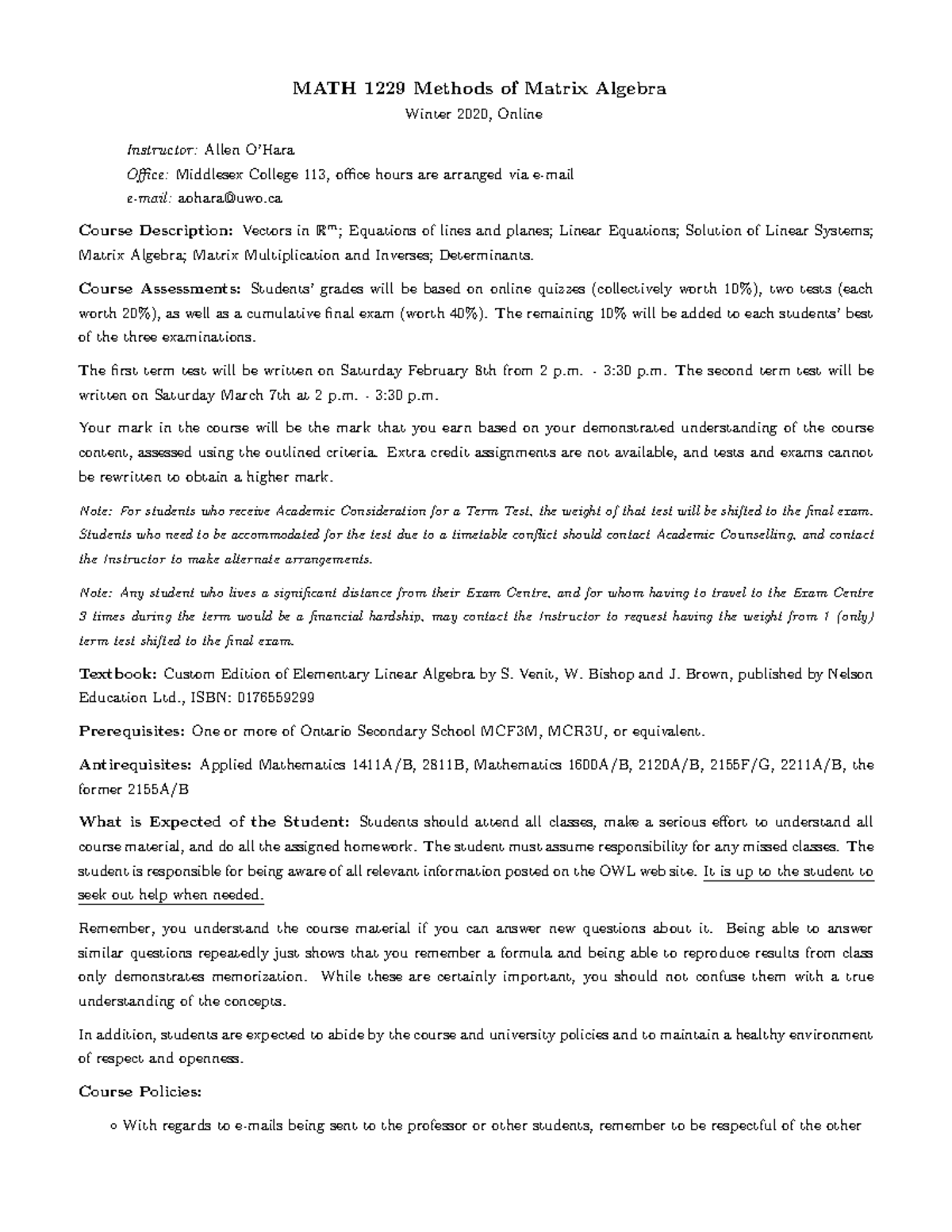 Math 1229 syllabus - MATH 1229 Methods of Matrix Algebra Winter 2020 ...