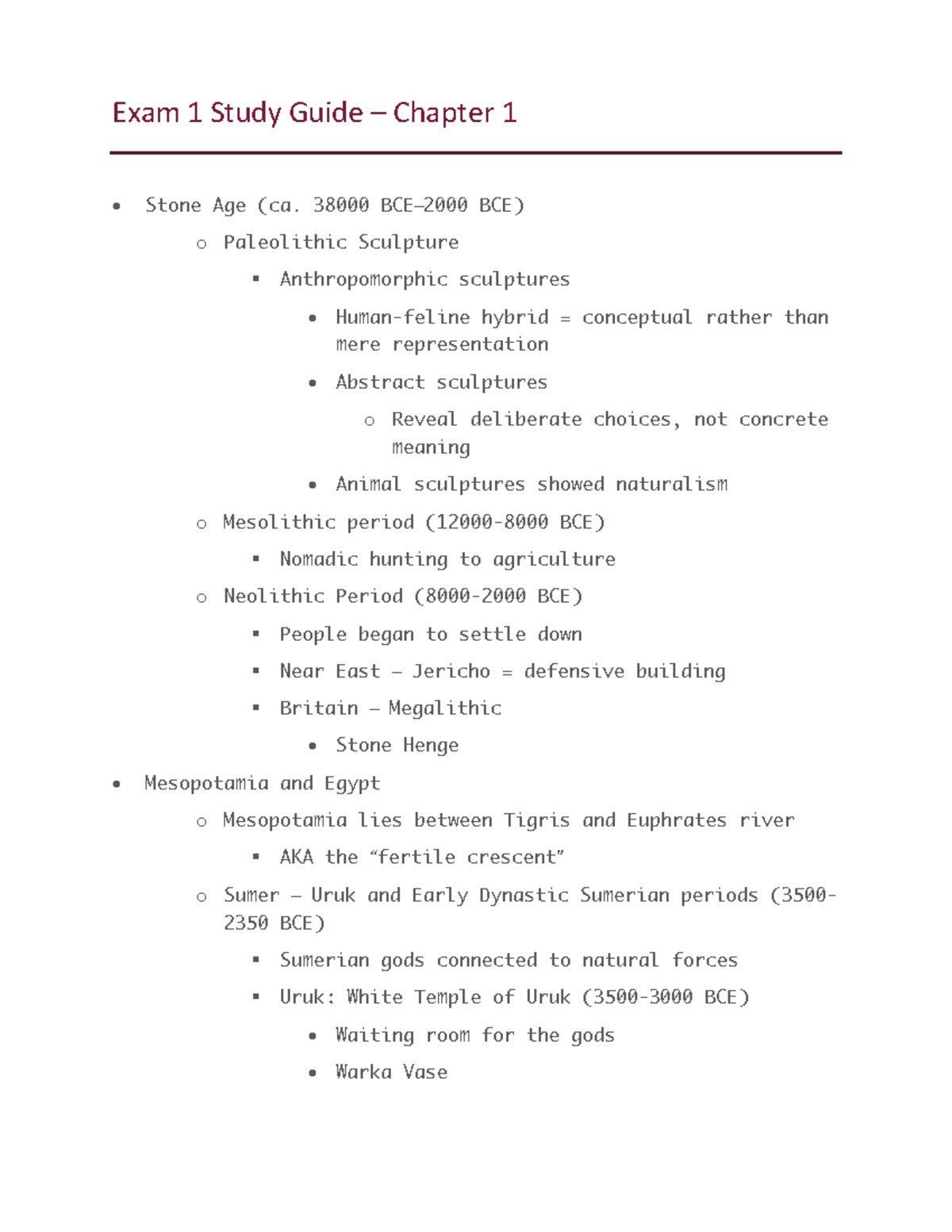 Exam 1 Study Guide - Chapter 1 - Exam 1 Study Guide – Chapter 1 • Stone Age (ca. 38000 BCE–2000 ...