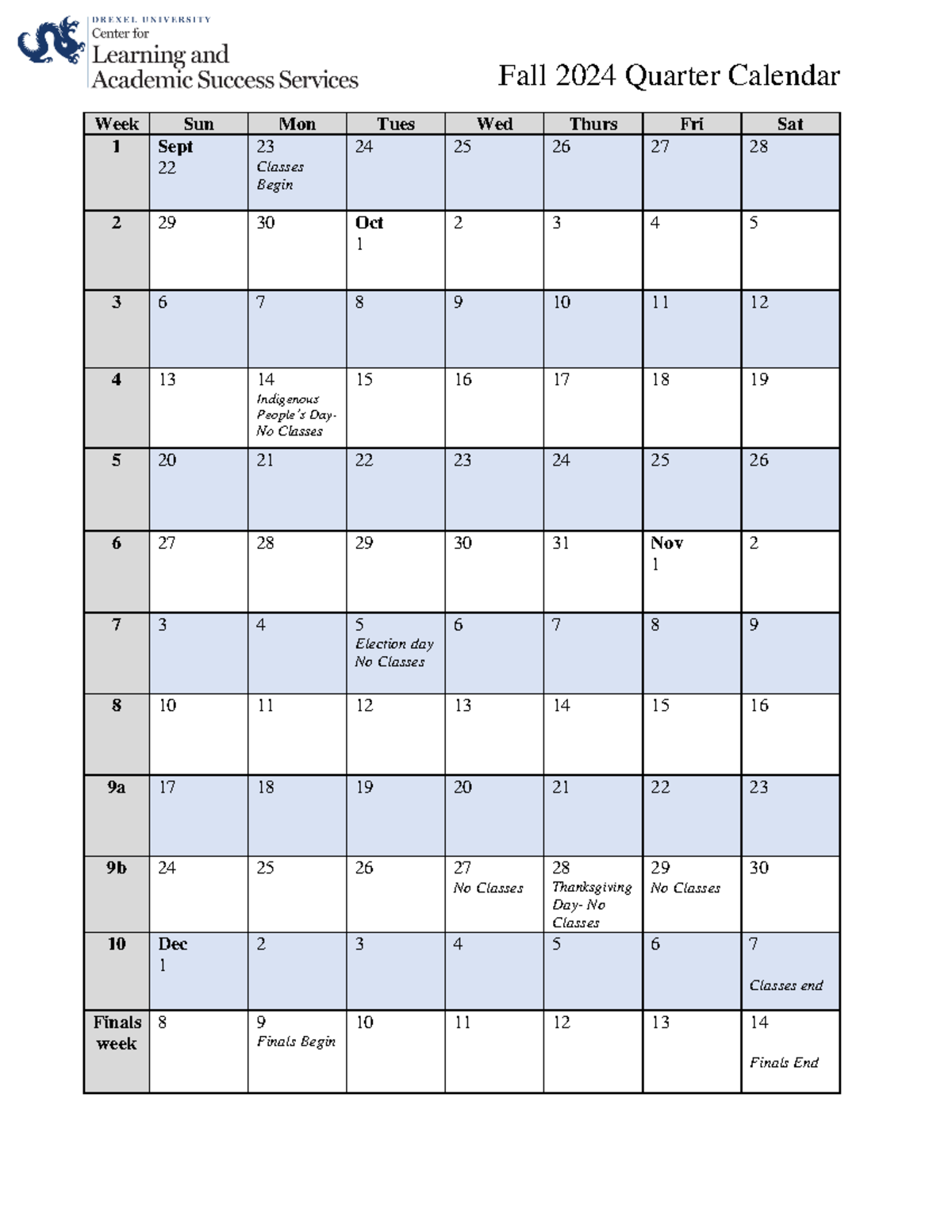 2024 Fall Term Calendar - Fall 202 4 Quarter Calendar Week Sun Mon Tues ...