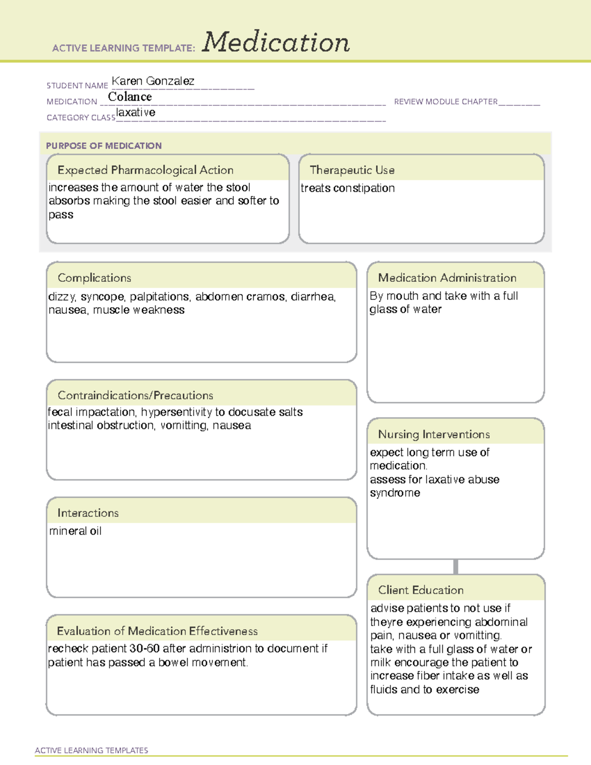 Colace - ACTIVE LEARNING TEMPLATES Medication STUDENT NAME