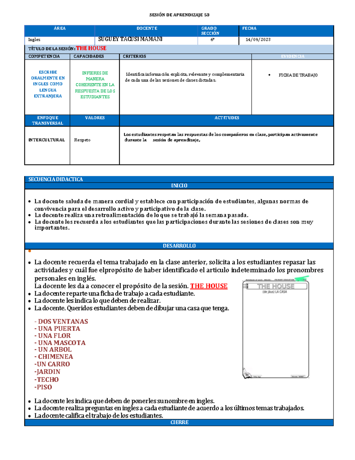 THE House Santander - Modelo de sesión. - SESI”N DE APRENDIZAJE 58 ¡REA DOCENTE GRADO SECCI”N ...