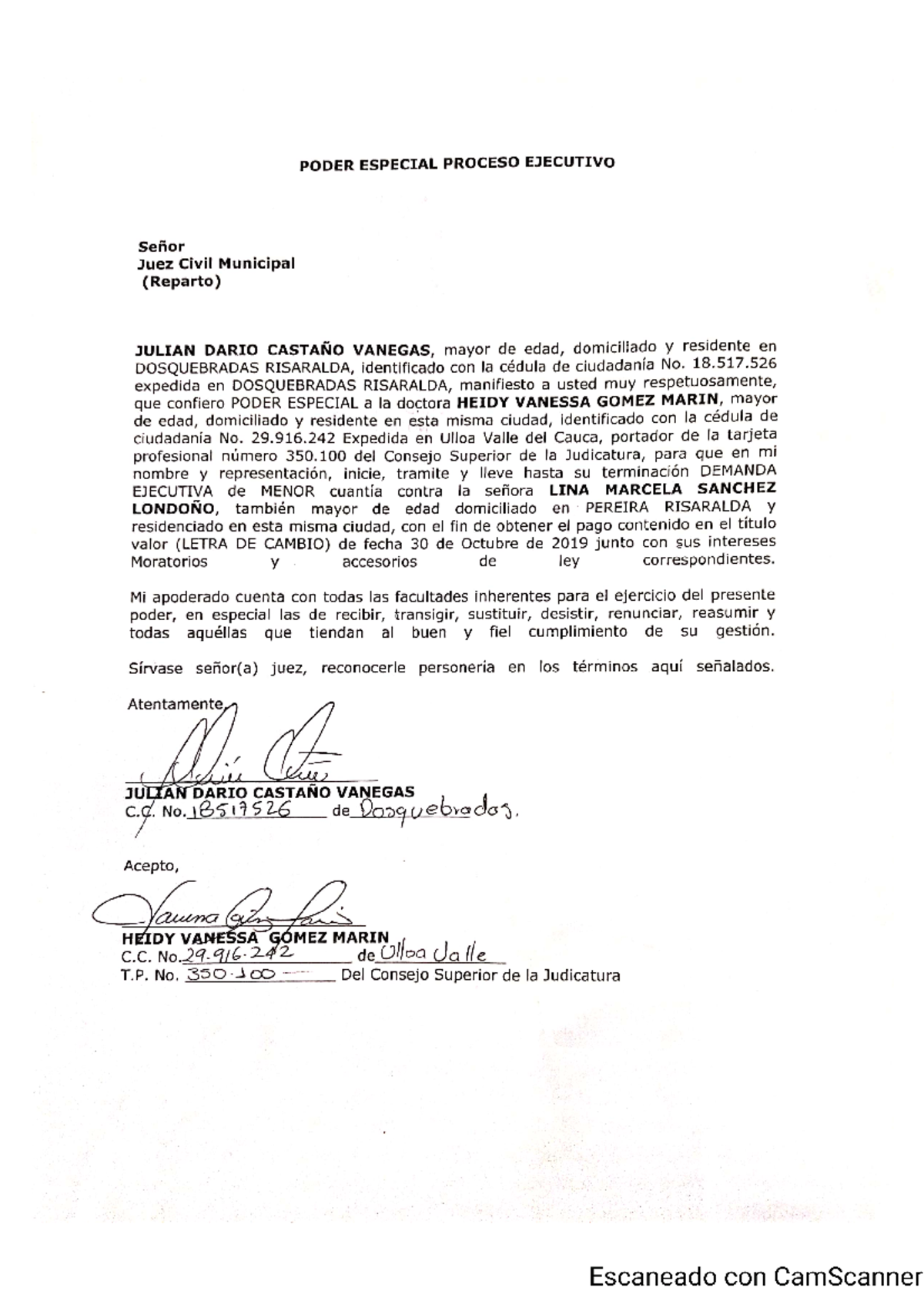 Poder proceso ejecutivo en contra de lina sanchez - Derecho Internacional Publico - Studocu