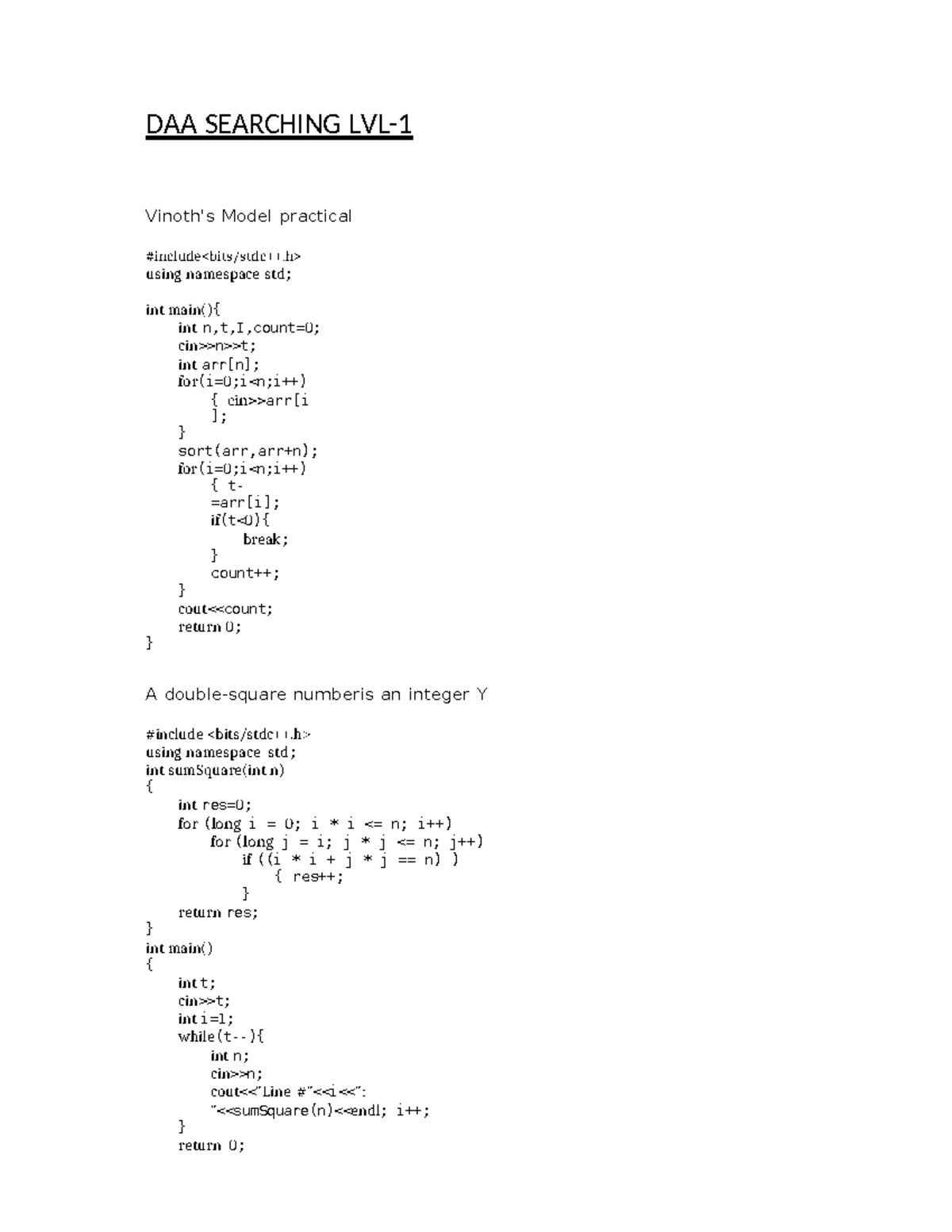 DAA ELAB - lab answer for students - DAA SEARCHING LVL- Vinoth's Model practical - Studocu