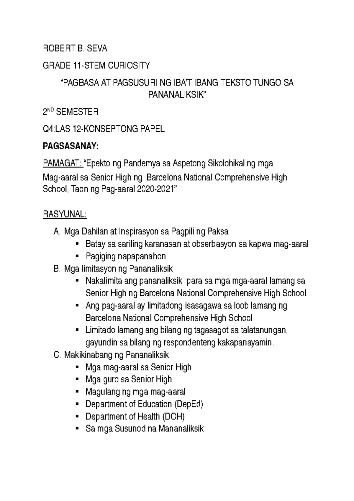 Seva, Robert B.(Curiosity) Q4 LAS12-Pinal na PAnanaliksik sa Filipino ...