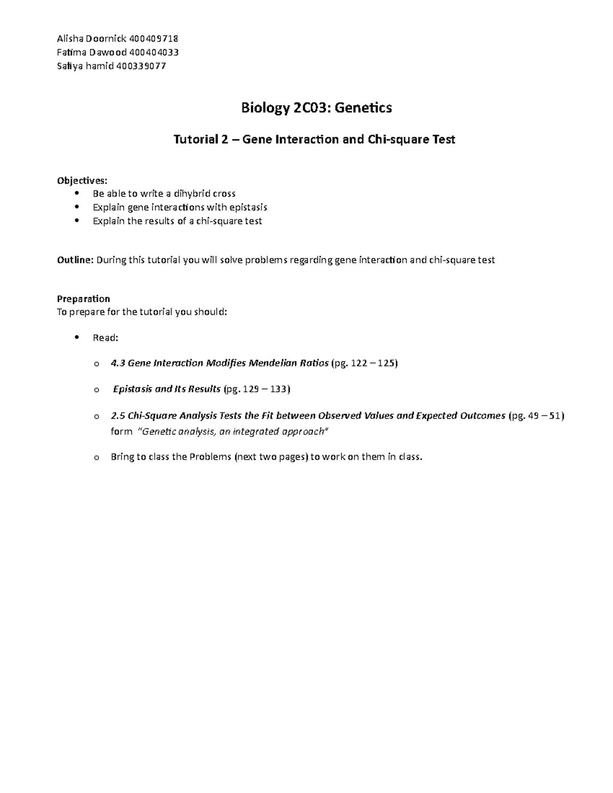 Tutorial 2 Gene Interaction - Fatima Dawood 400404033 Safiya hamid ...