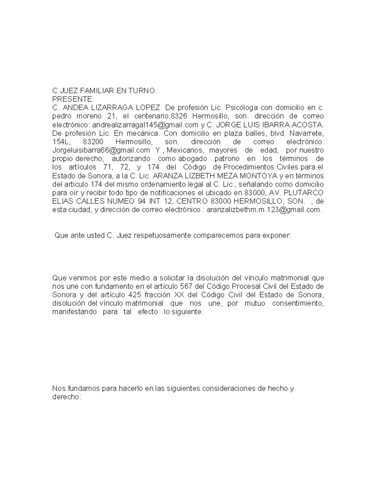 Divorcio Voluntario - C FAMILIAR EN TURNO. PRESENTE. C. ANDEA LIZARRAGA ...