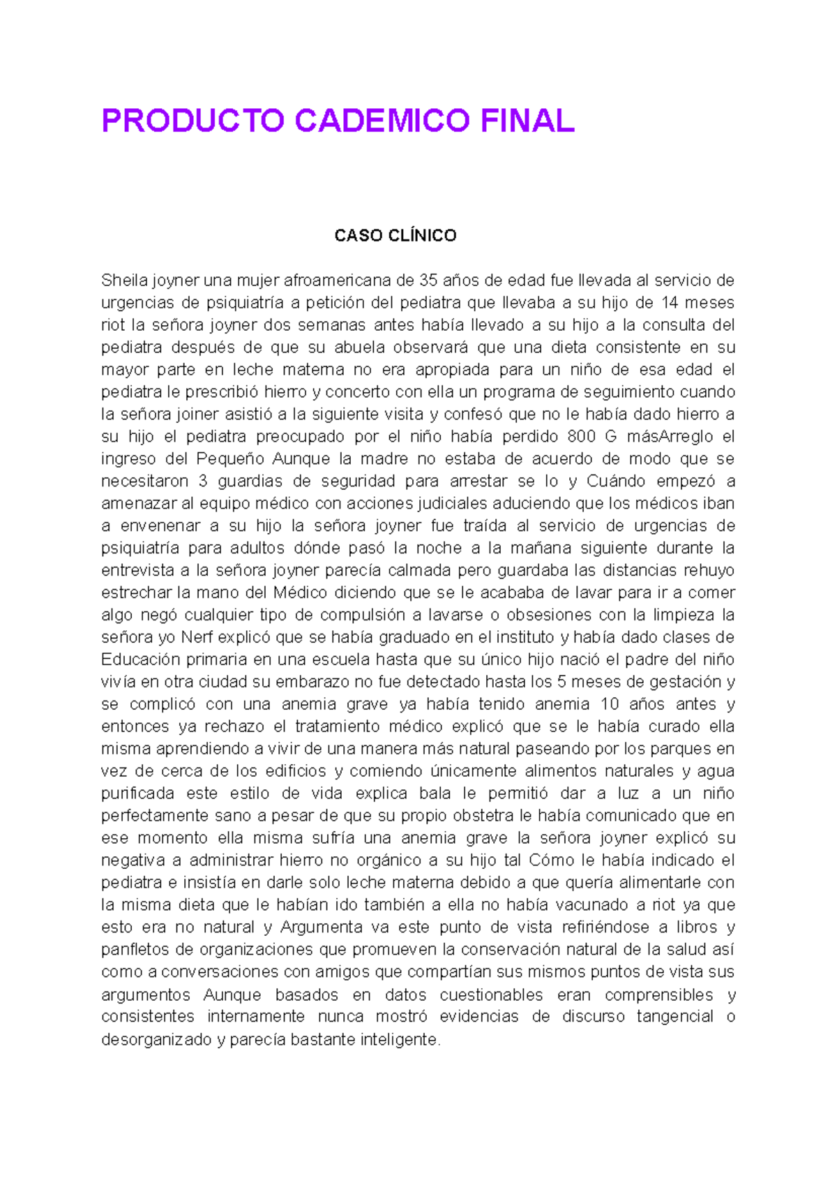 PA F Psicofarmacologia - PRODUCTO CADEMICO FINAL CASO CLÍNICO Sheila ...