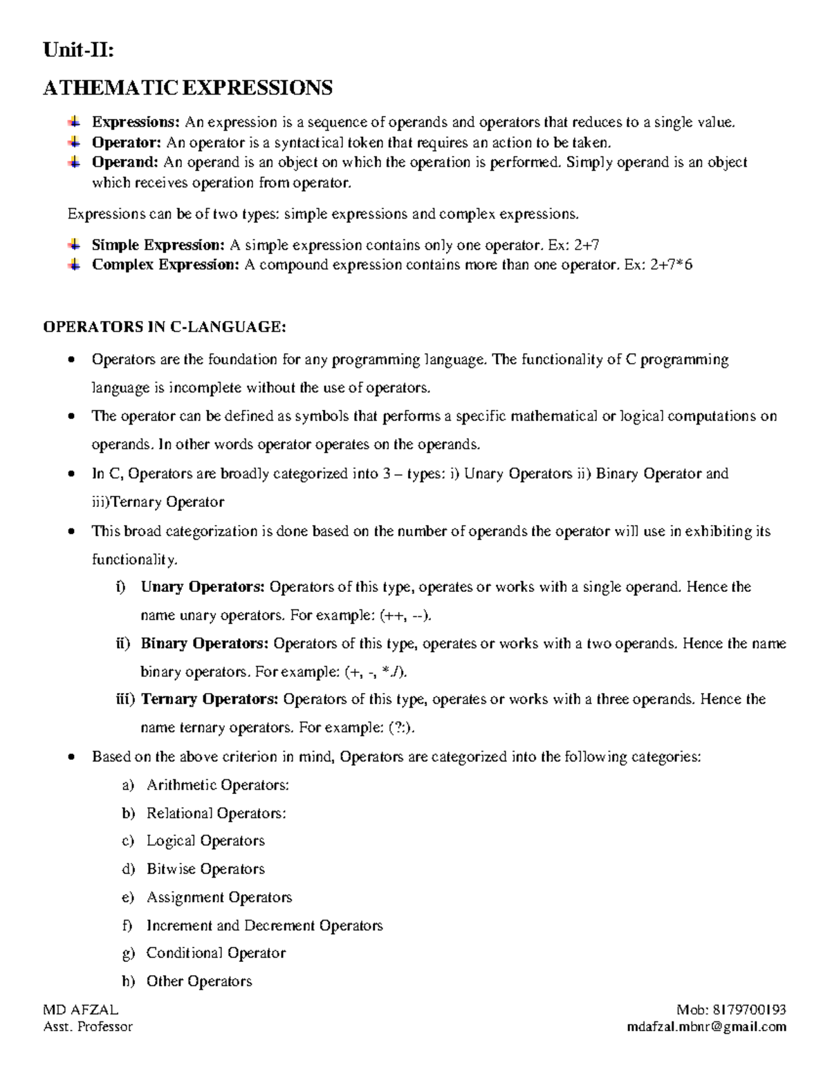 Pps Notes Unit Ii Jjj Md Afzal Mob 8179700193 Unit Ii Athematic Expressions Expressions