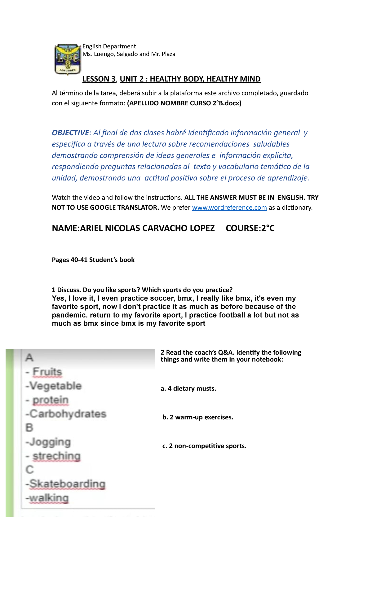 Lesson 3,Unit 2 2° medio Ariel Carvacho 2°C - English Department Ms ...